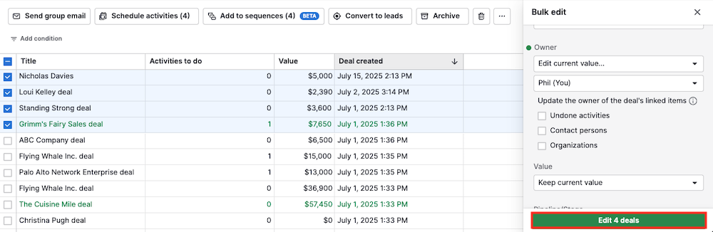Bulk-editing and filtering - Knowledge Base | Pipedrive